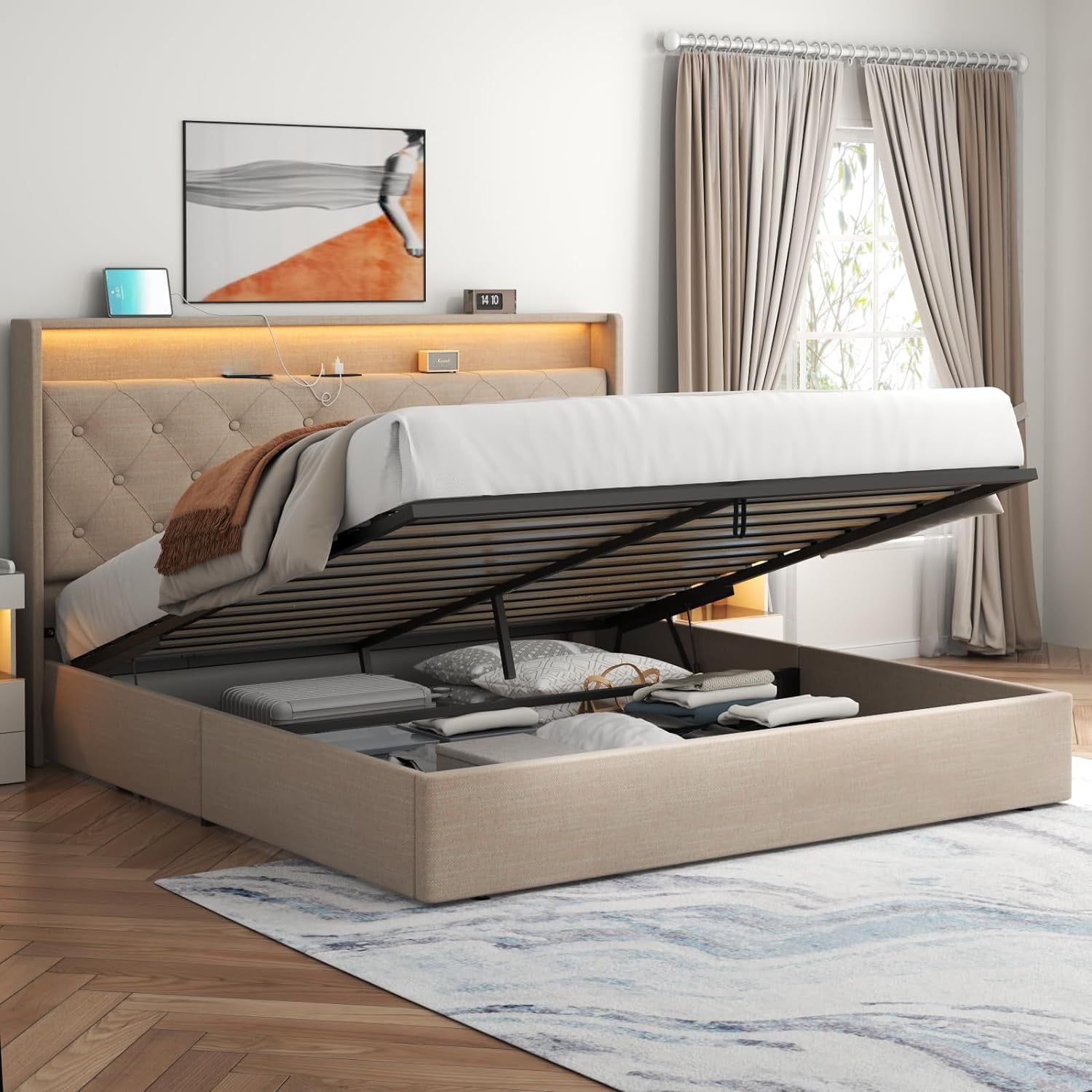 King Lift Up Bed Frame with Charging Station & LED Lights, Upholstered ...