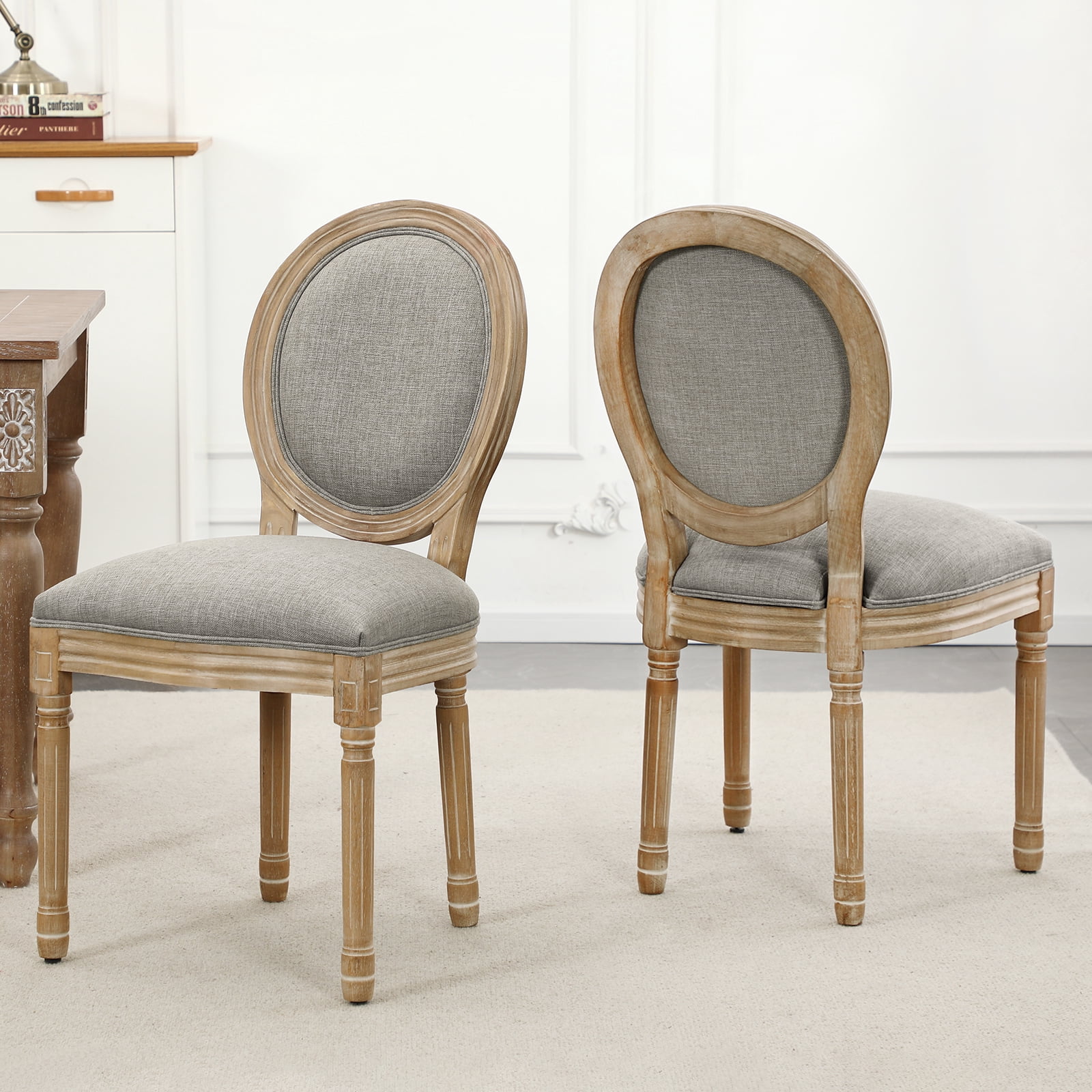 King Louis Antique Wood Farmhouse Dining Chairs, Set of 2, Upholstered ...
