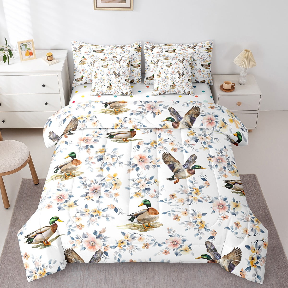 King Mallard Duck Bird Comforter Sets 7-Piece,Groovy Flower Floral Bedding Set with Sheets Bed ...