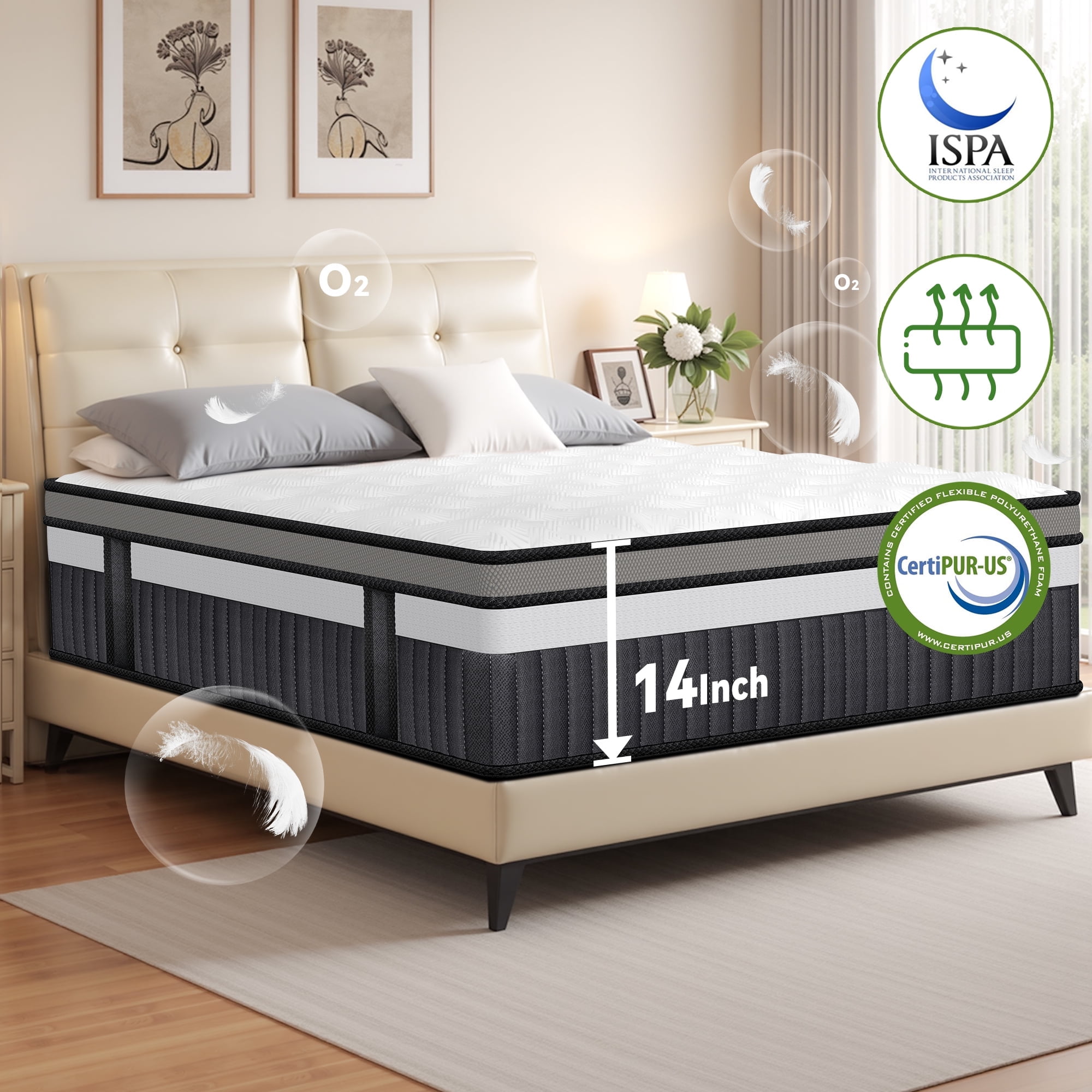 King Mattress 14 inch Qvamodo Hybrid Mattress Cooling Gel Memory Foam ...