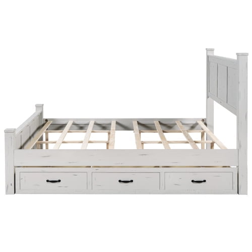 King Maximized Space Farmhouse Style Wood Panel Bed Frame Four Square Poster Bed with Three ...