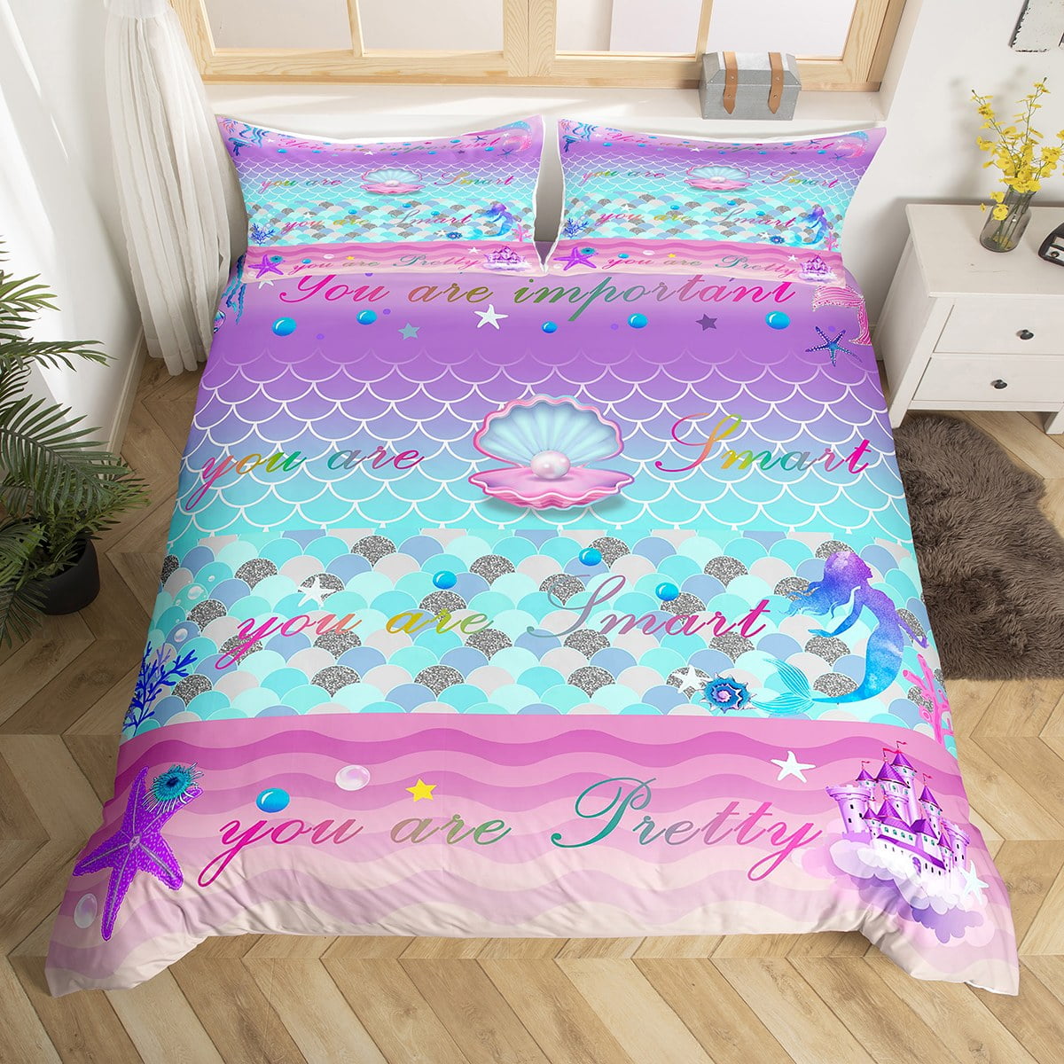 King Mermaid Scales Comforter Cover,Rainbow Girly Bedding Set Mermaid ...