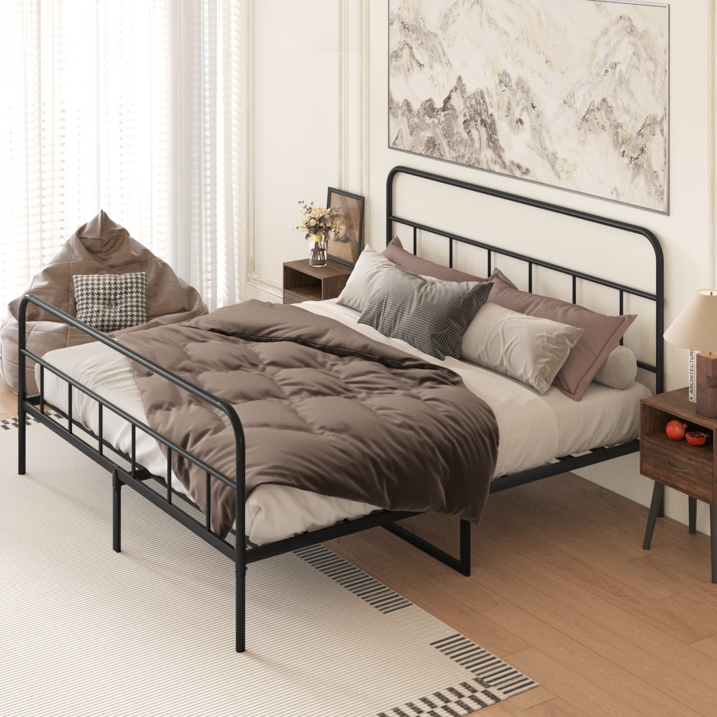 King Metal Bed Frame with Headboard and Footboard, King Size Platform ...
