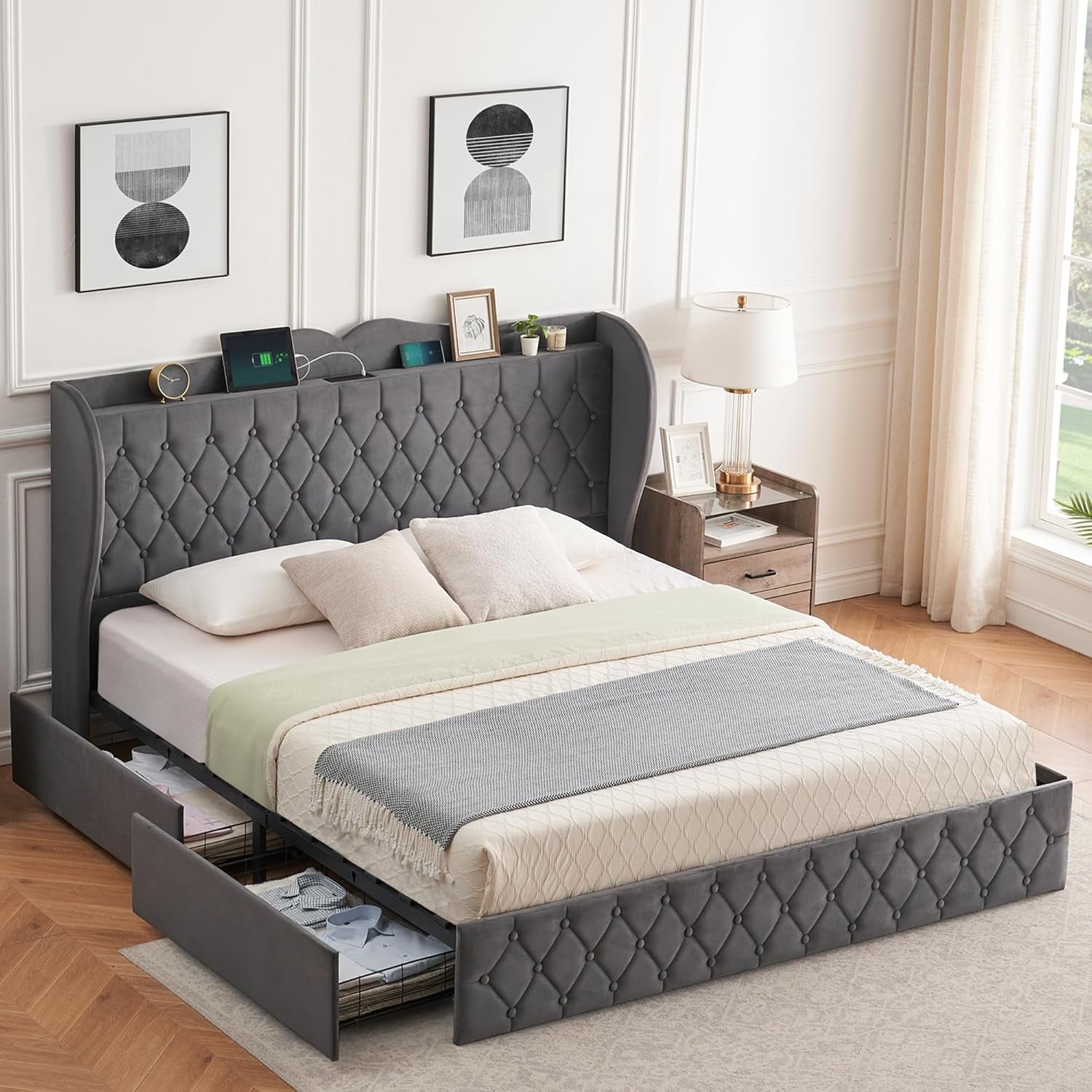 King Metal Bed Frame with Velvet Upholstered Headboard and and Charging ...