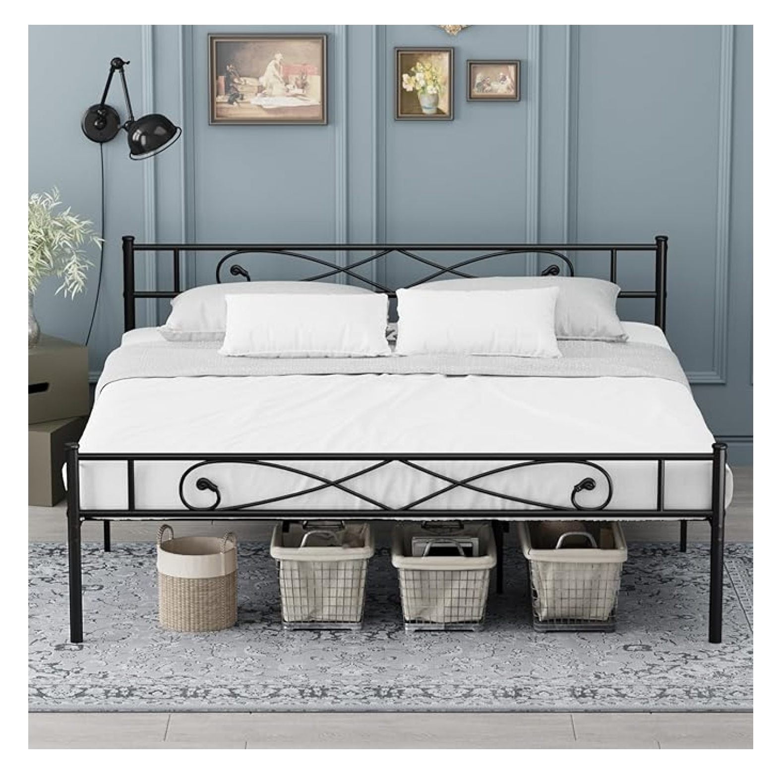 King Metal Platform Bed Frame with Headboard,Heavy Duty Steel Slat ...