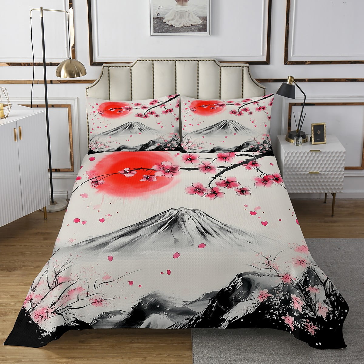 King Mountain Bedspread Set Cherry Blossom Decor Quilt Set Pink Flowers ...