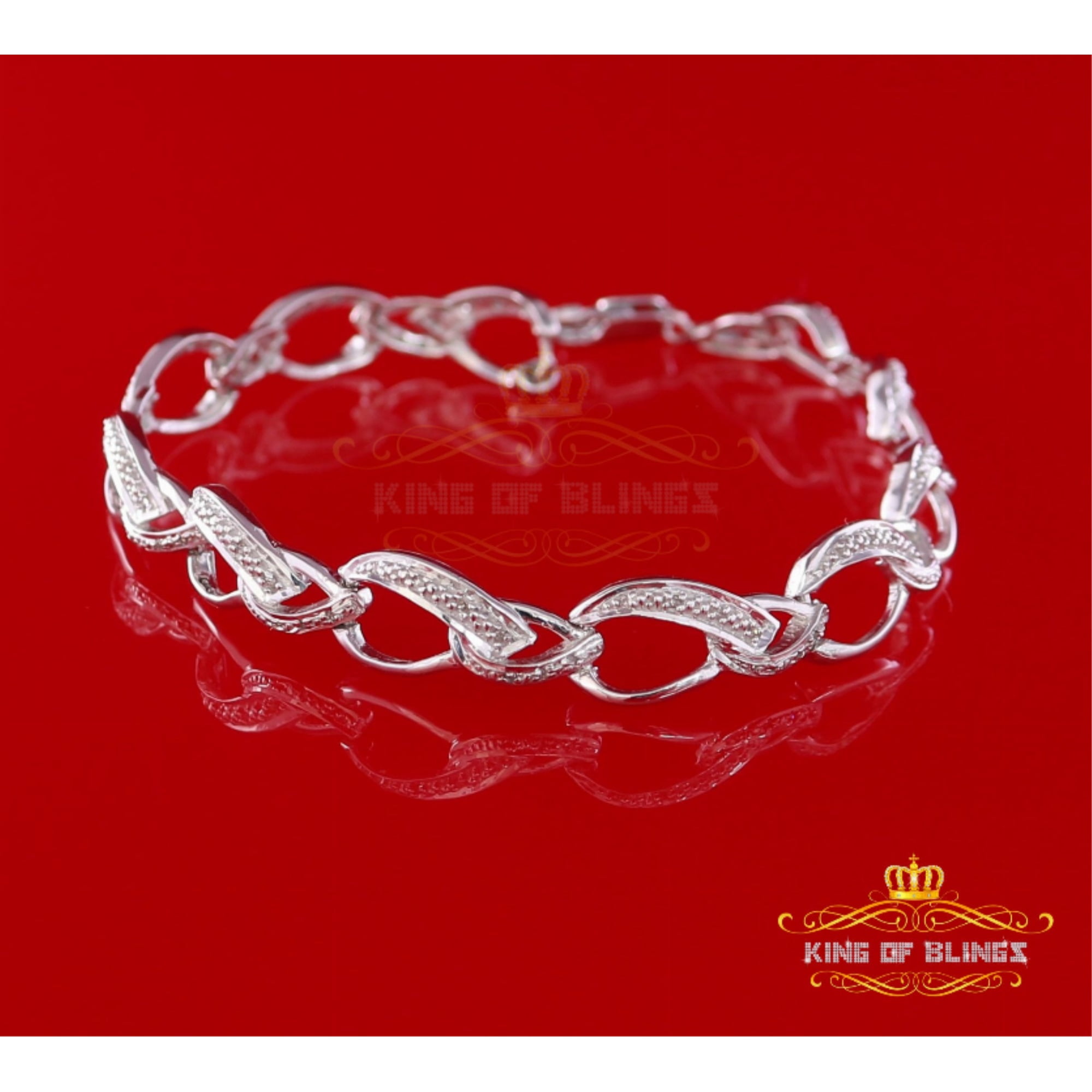 King Of Bling s 925 Sterling Silver White 0.20CT Real Diamonds Fancy Style Bracelet Size 7 ...
