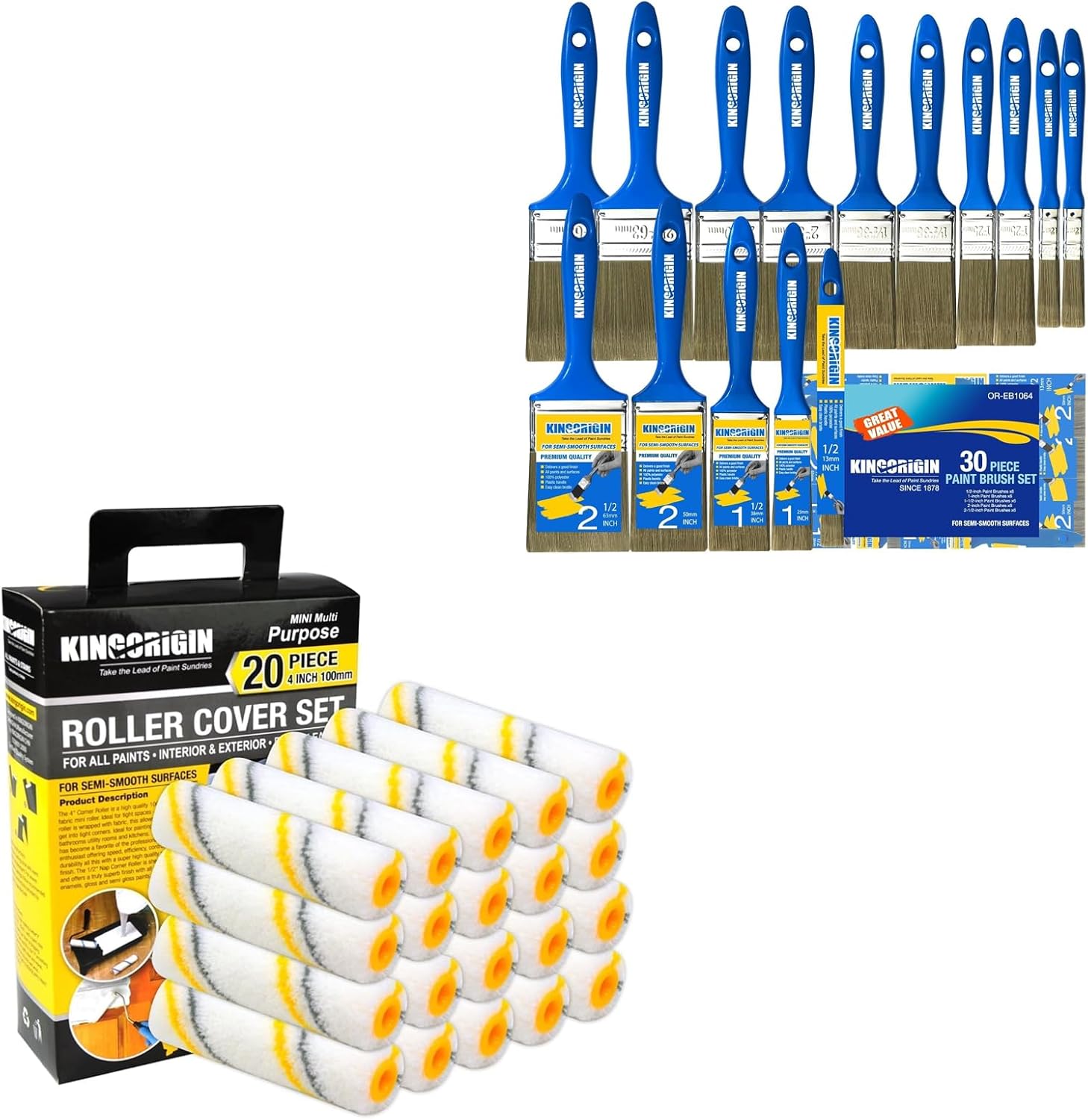 King Origin 30 Pack Paint Brush Set Plus 20 Pack 4 Inch Paint Roller ...