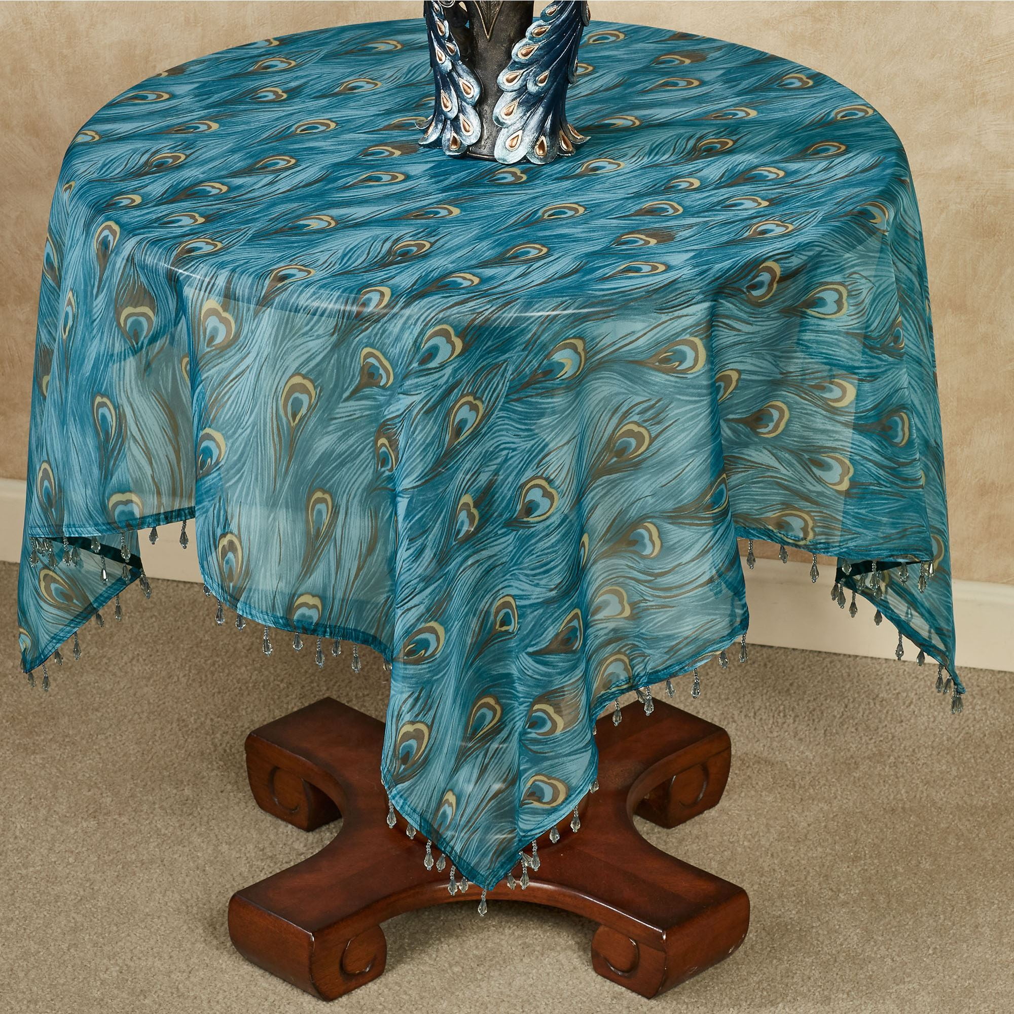 King Peacock Sheer Table Topper Tablecloth, Shades of Aqua, Sapphire ...