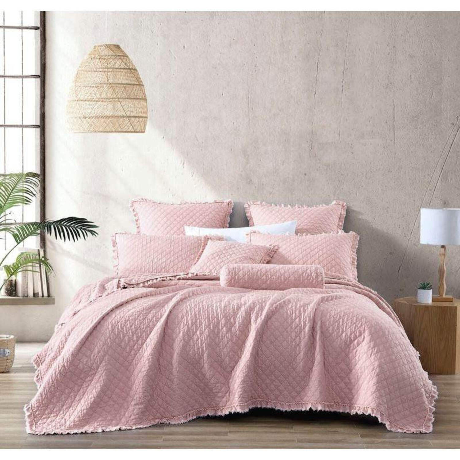 King Pink Microfiber Diamond Quilted Bedspread Set with Frayed Edges ...