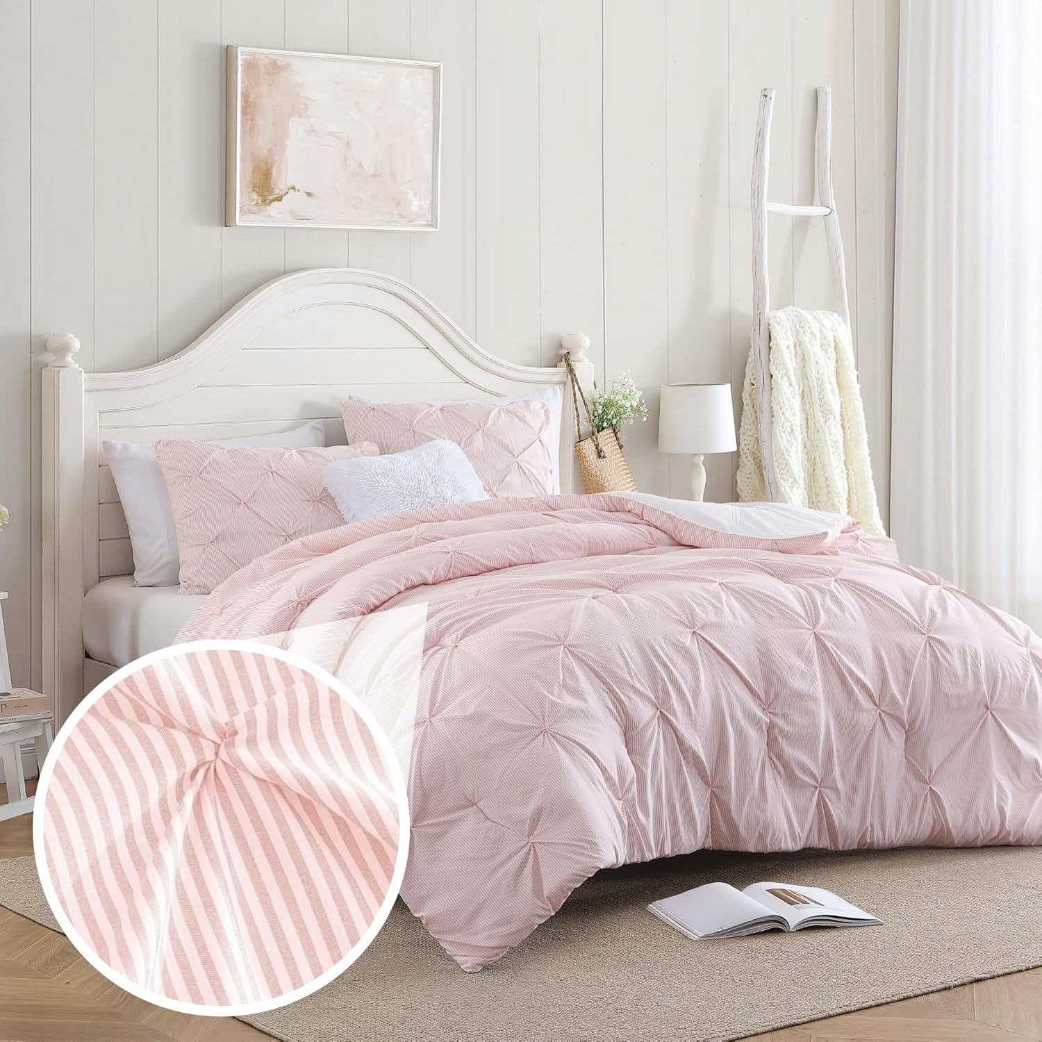 King Pinstripe Peach Pink Comforter Set - Classic Pintuck Bedding Set ...