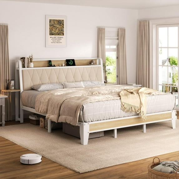 King Platform Bed Frame with Ergonomic Headboard and Dual Storage ...