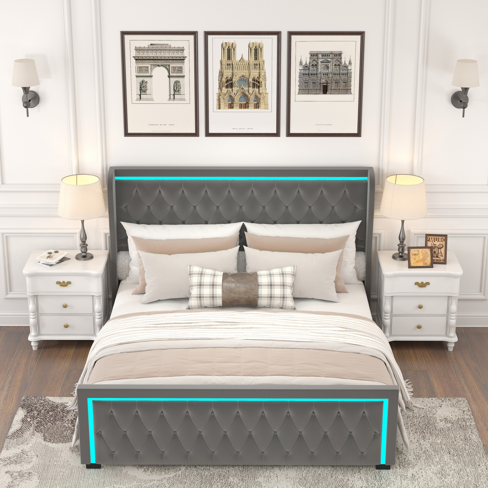 King Platform Bed Frame with High Headboard, Led Bed Frame with Color ...