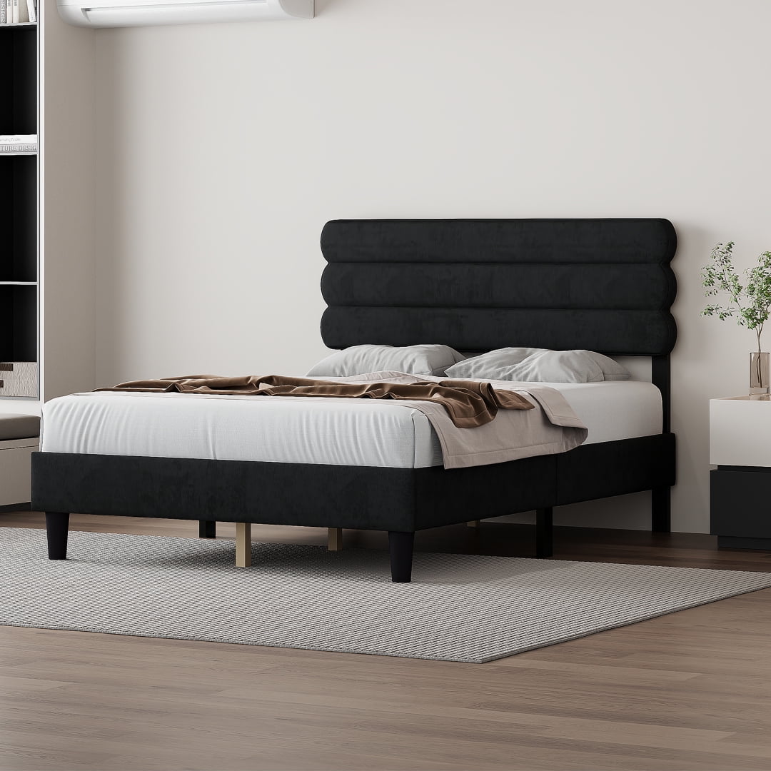 King Platform Bed Frame with Headboard, Upholstered Platform Bed with ...
