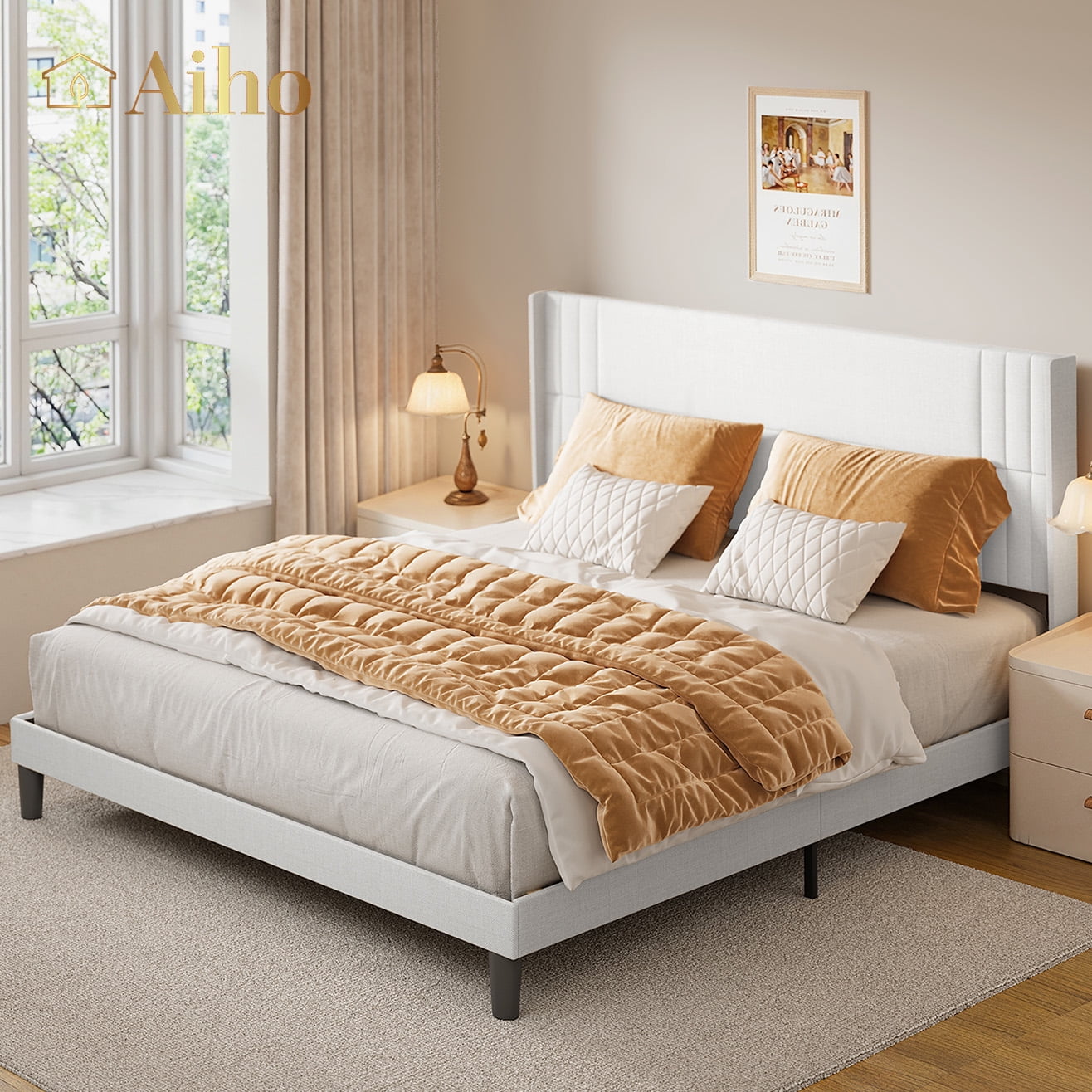 King Platform Bed Frame with Wingback Headboard, White - Walmart.com