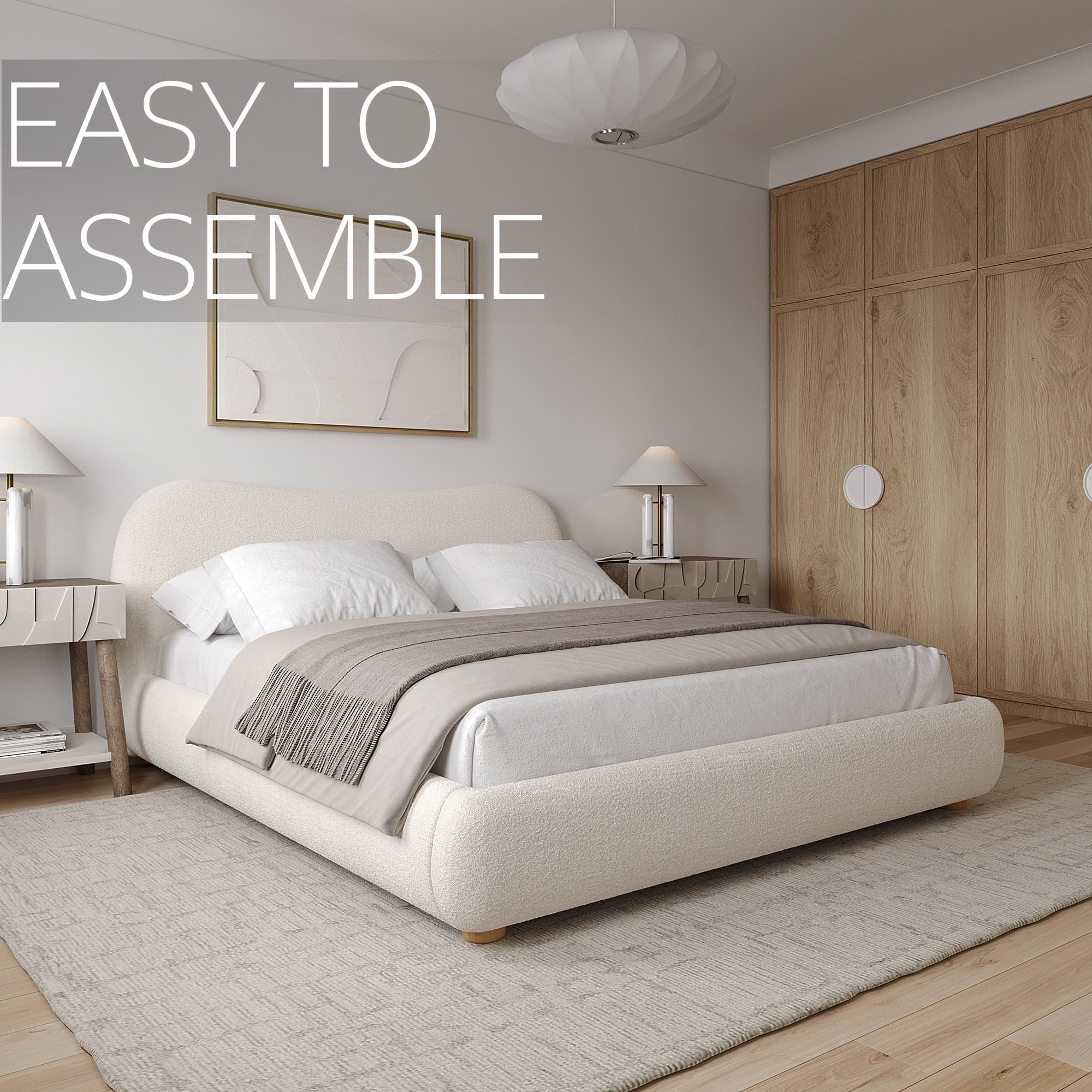 King Premium Boucle Platform Bed – Modern Upholstered Frame with Thick ...