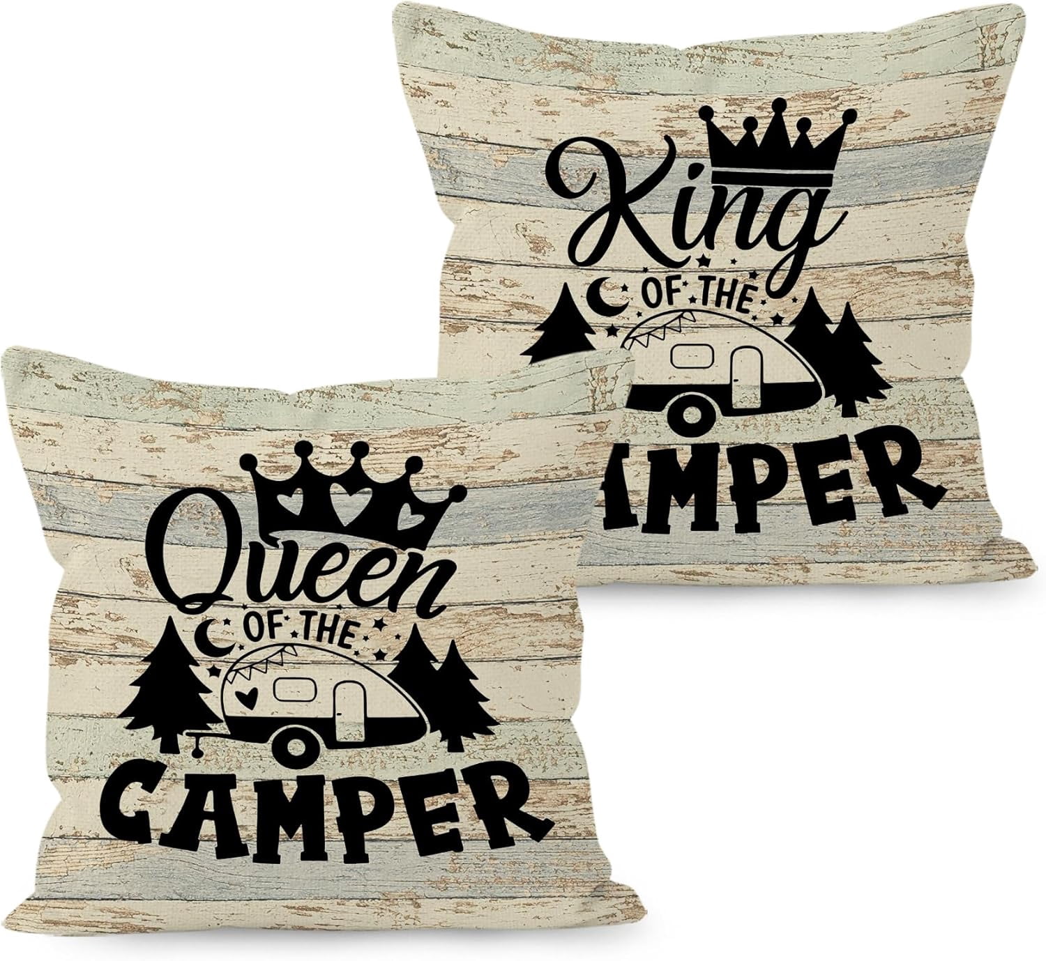 King Queen of The Camper Throw Pillow Covers, Funny Camping Camper ...