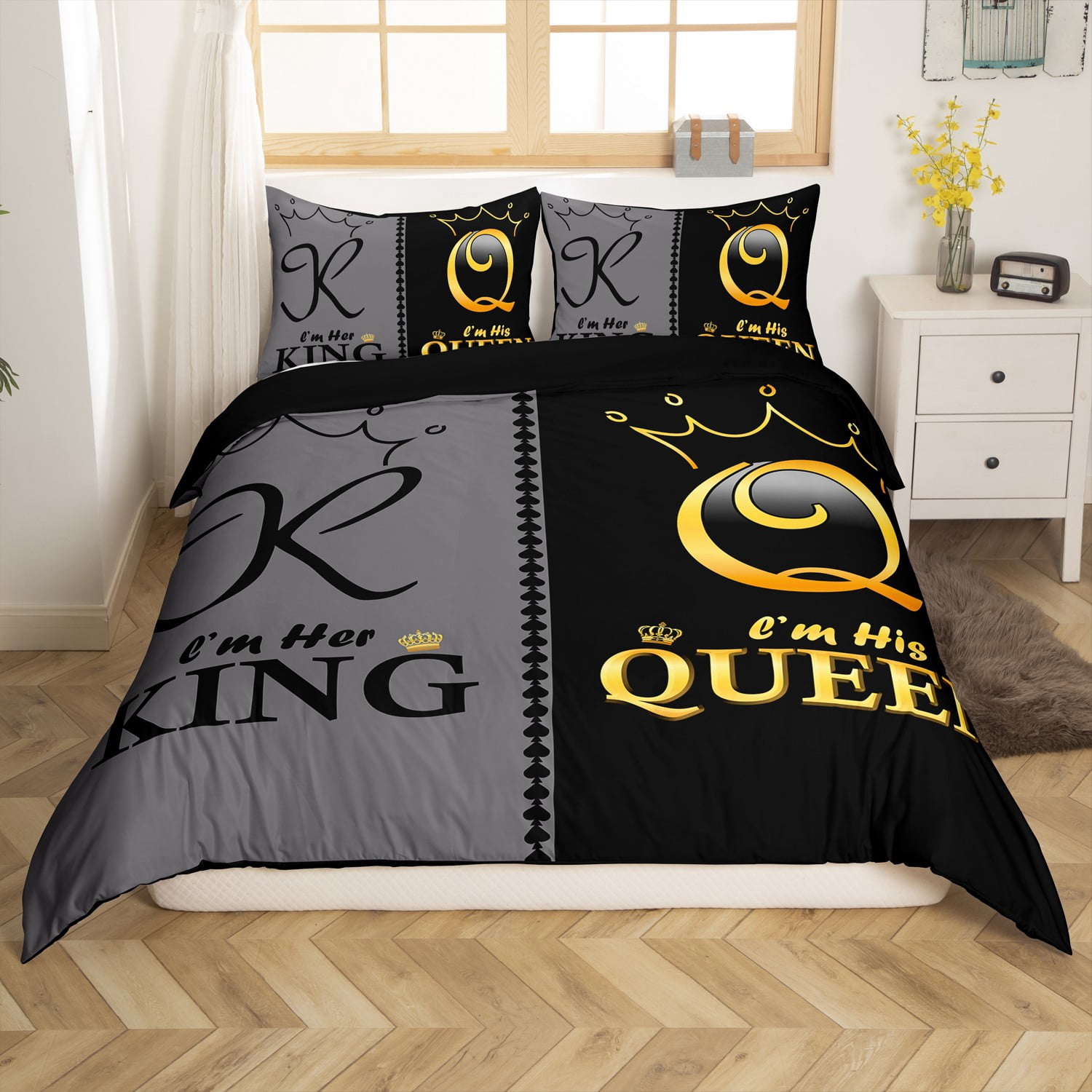 King And Queen Couple Comforter Cover For Men Women,Black Grey Gold ...