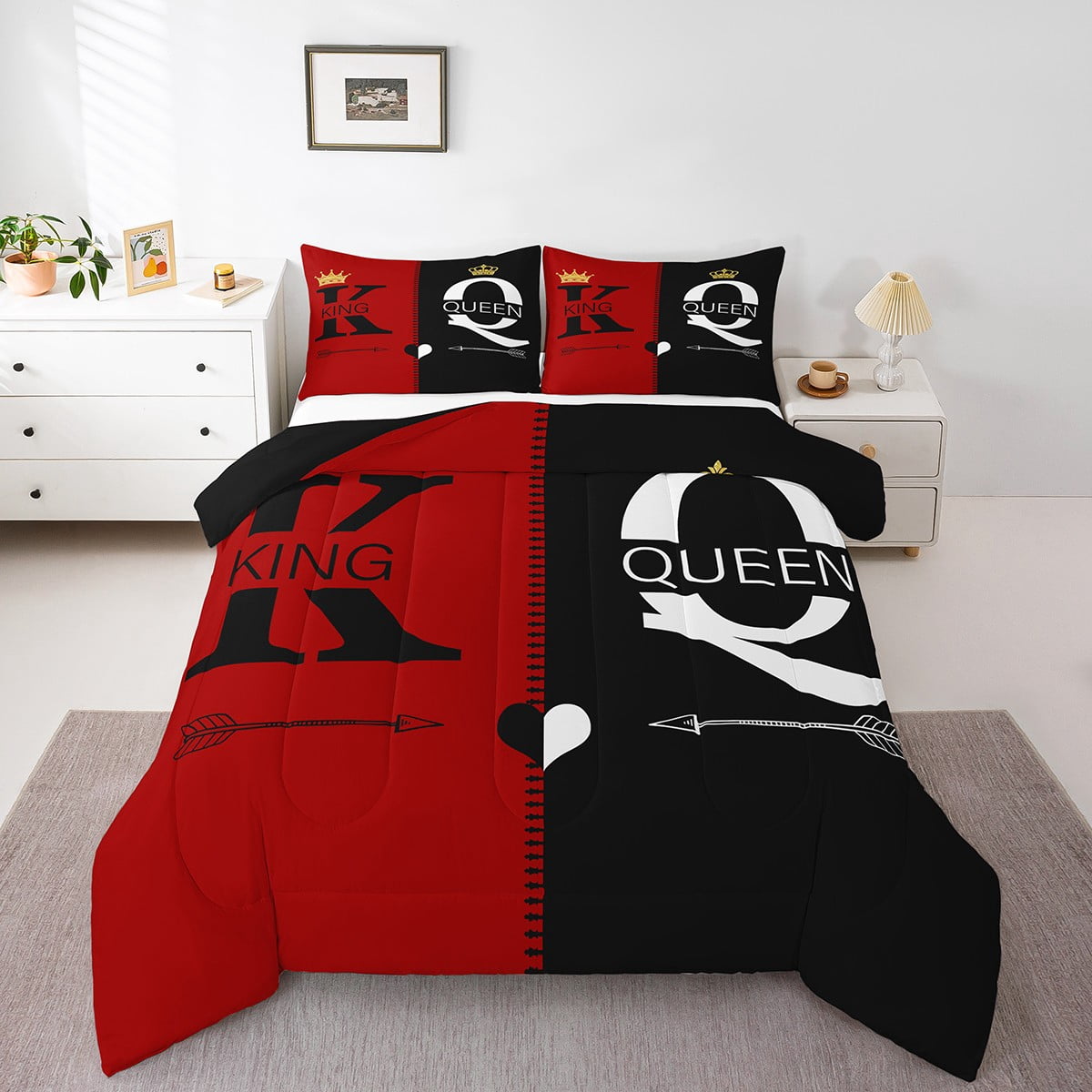King And Queen Crown Comforter Set Black Red Mr Mrs Full Bedding Set ...
