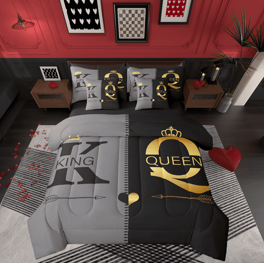 King And Queen Crown Queen Bedding Set 7 Piece Black Grey Mr Mrs ...