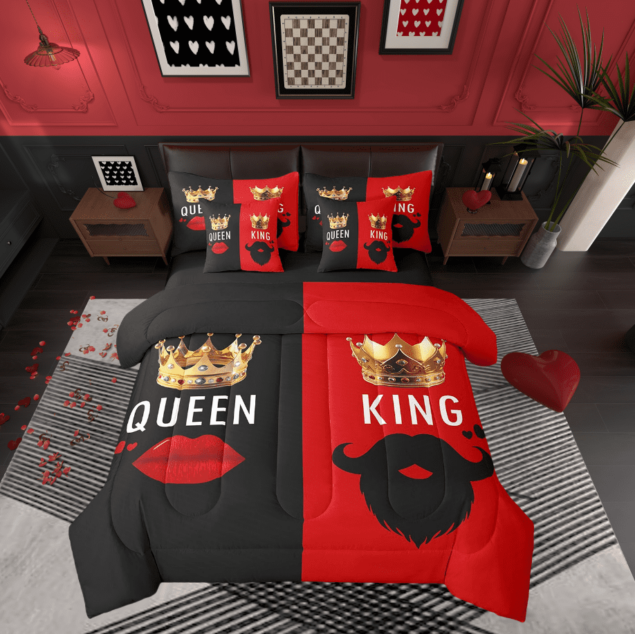 King And Queen King Bed In A Bag 7 Piece For Adults Men Women,Red Black ...