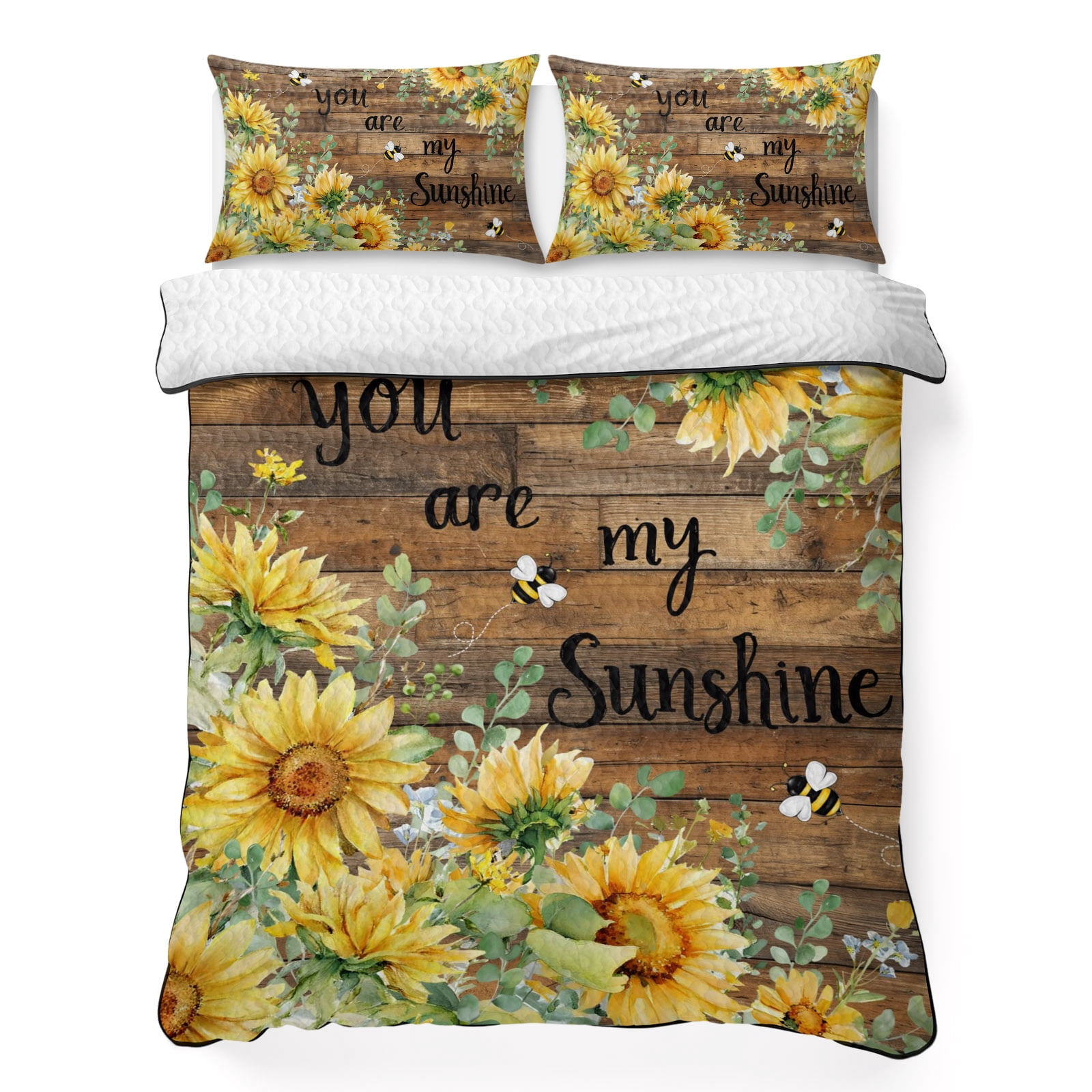 King Quilt Bedding Set, Farm Sunflower Bee Eucalyptus Soft Microfiber ...