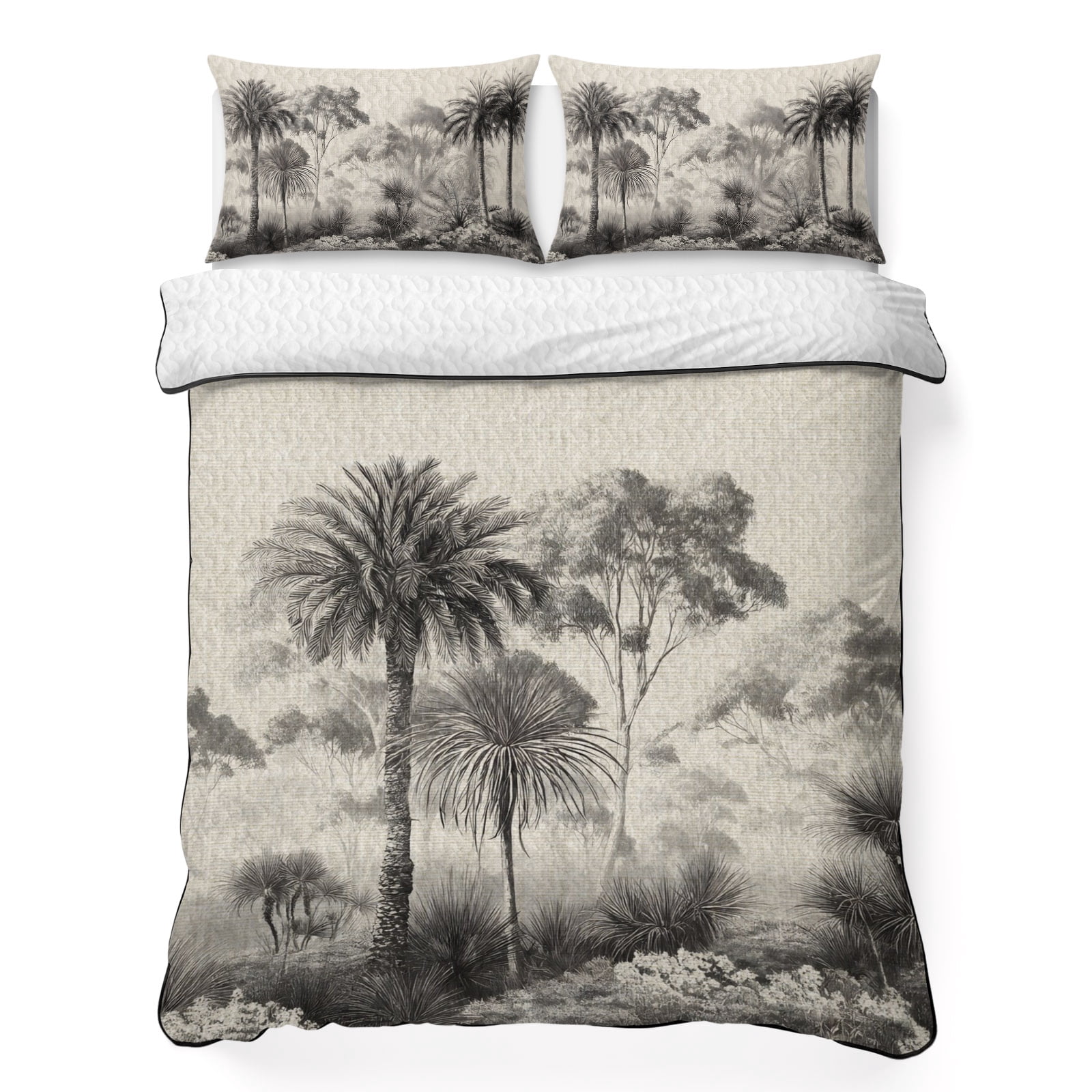 King Quilt Bedding Set Jungle Forest Palm Tree Plant Gray Summer Quilt ...