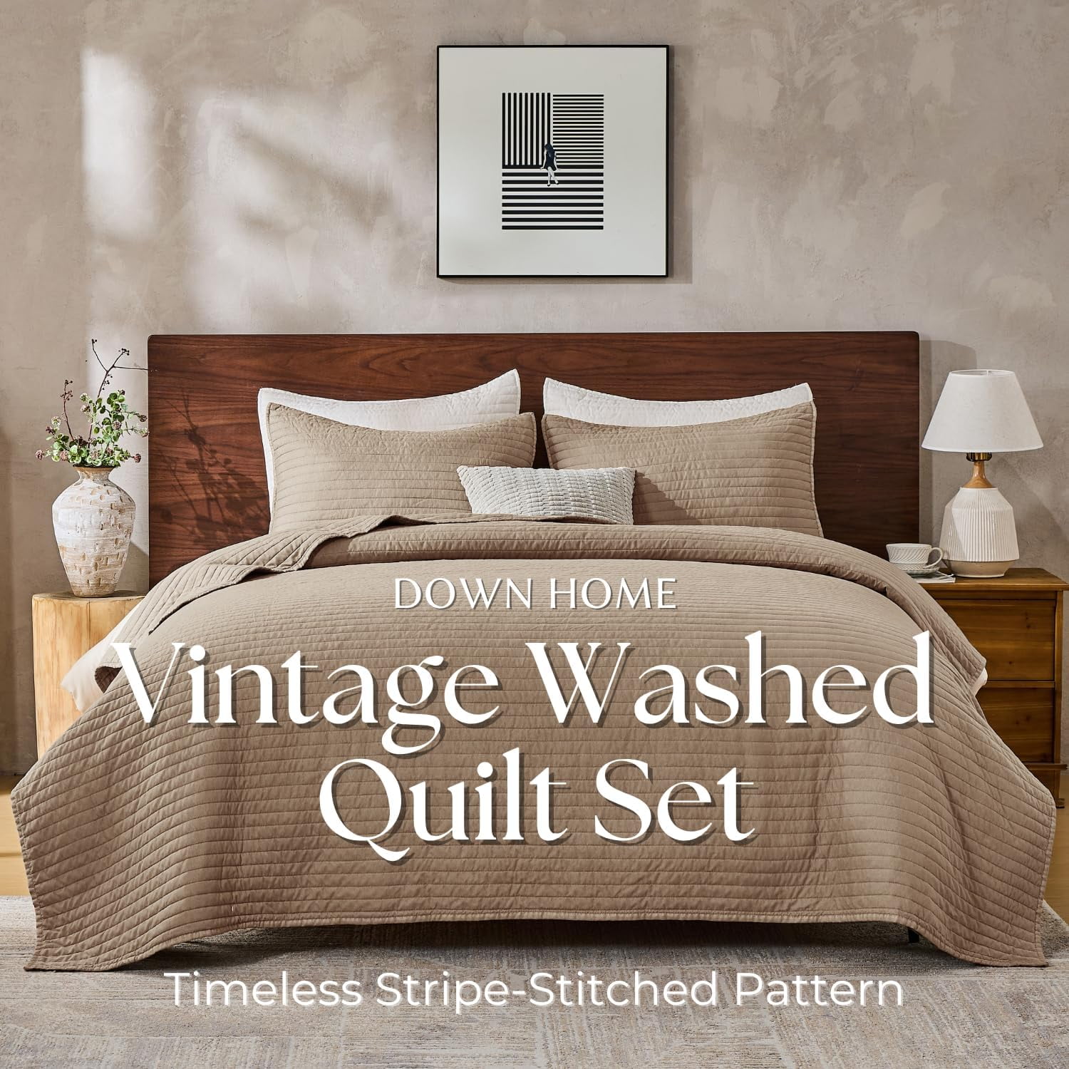 King Quilt Bedding Set with Shams, Vintage Washed Soft Quilted Blanket ...