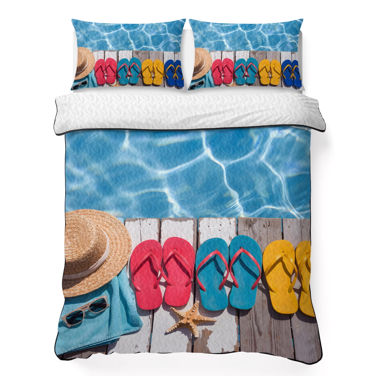 King Quilt Bedding Set Summer Pool Colorful Slippers Straw Hat Summer ...