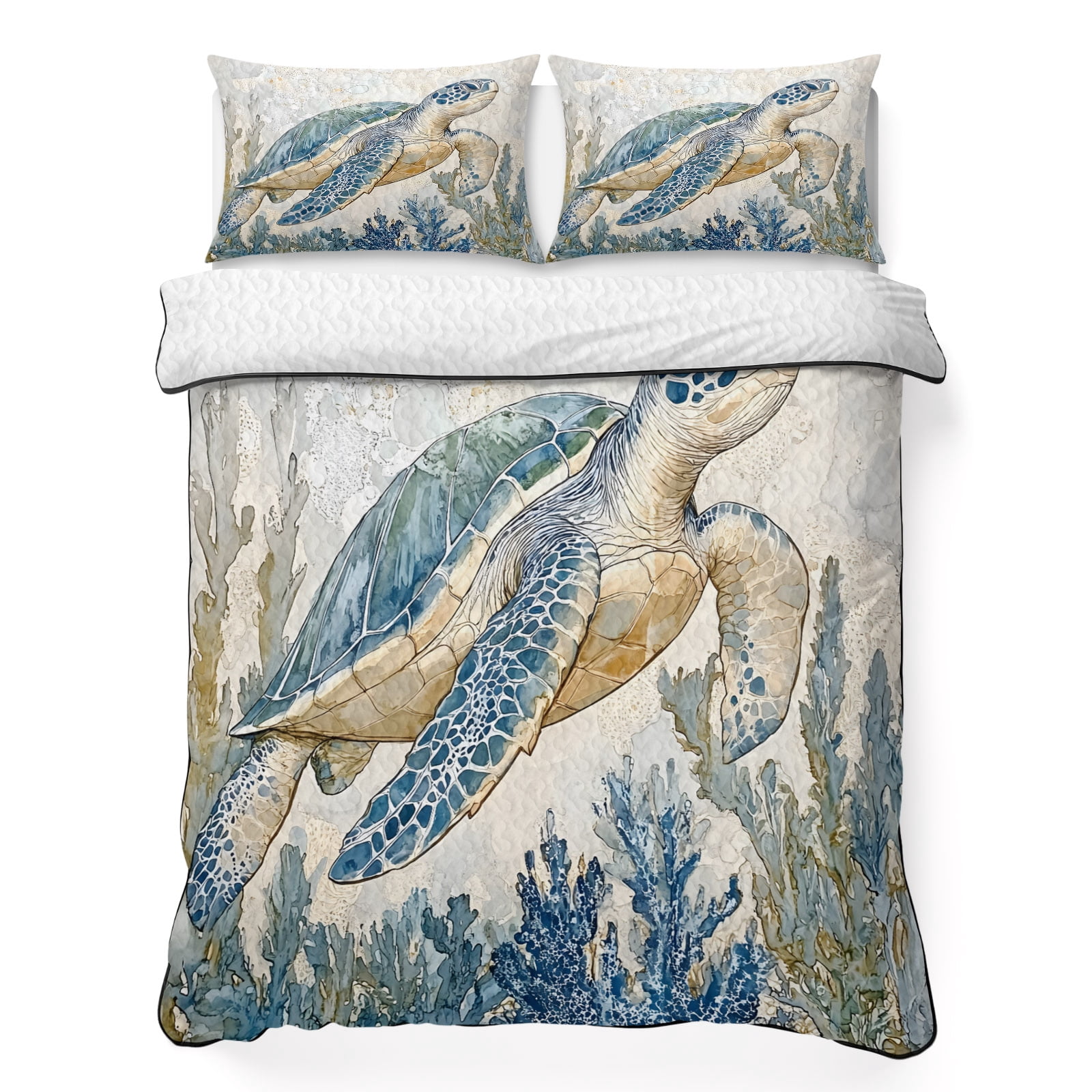 King Quilt Bedding Set, Summer Sea Turtle Ocean Coral Soft Microfiber ...