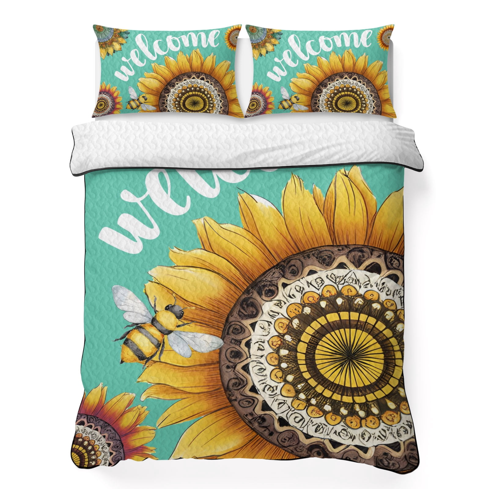 King Quilt Bedding Set Watercolor Abstract Sunflower on Green Summer ...