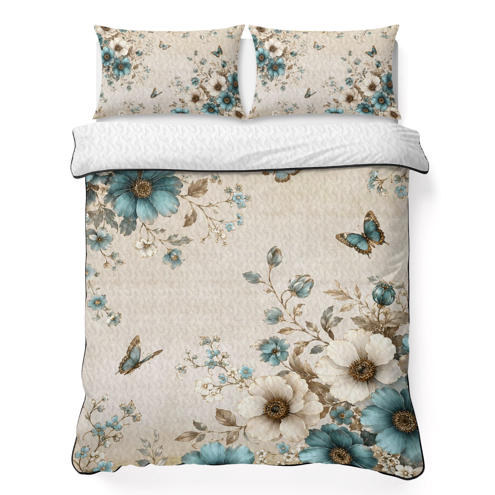 King Quilt Bedding Set Watercolor White Blue Flowers Breathable Summer ...