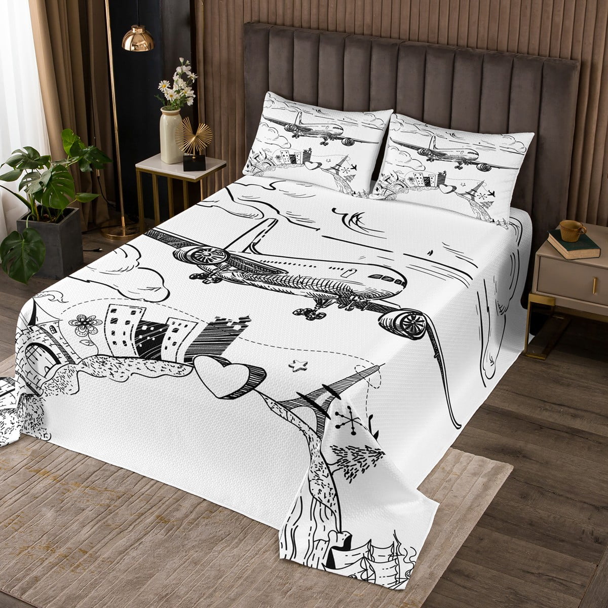 King Quilt Set Airplane Bedspread Set Hand Drawn House Hemisphere ...