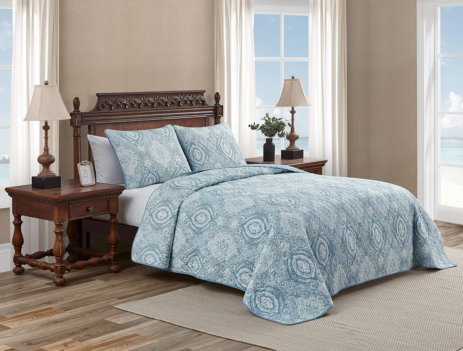 King Quilt Set, Reversible Cotton Bedding with Matching Shams, Coastal ...