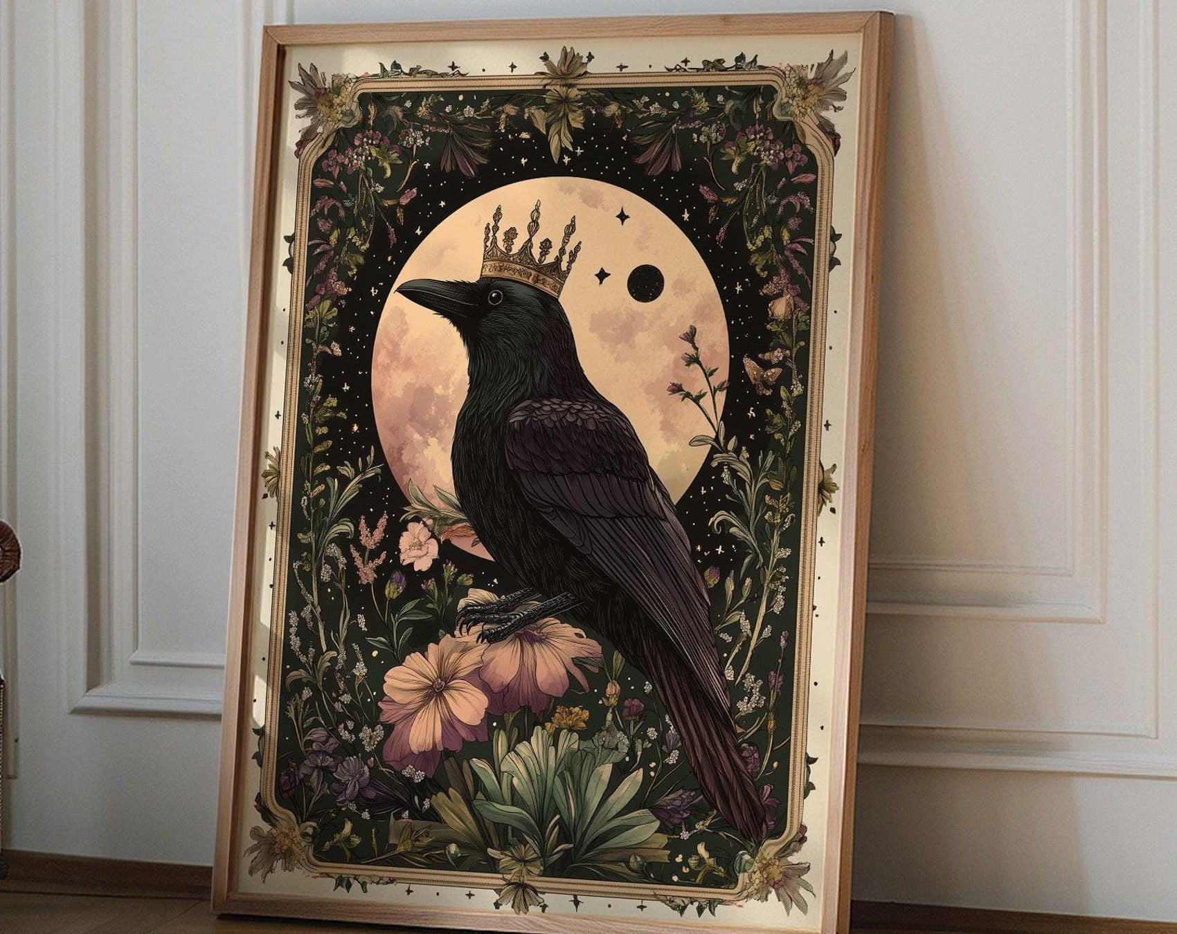 King Raven Norse Folk Art Poster, Mystical Moon Wall Poster, Flowery ...