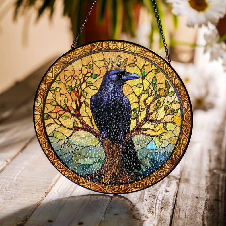 King Raven Stained Glass SunCatcher Black Raven Light Catcher Window ...