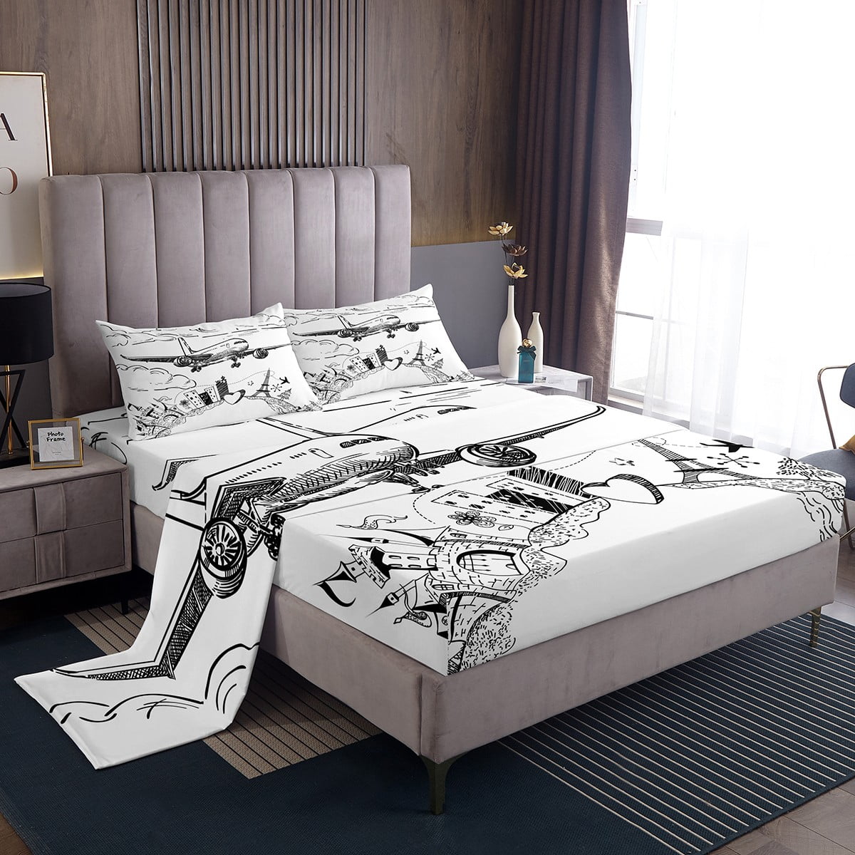 King Sheet Set Airplane Bed Sheets Set Hand Drawn House Hemisphere ...