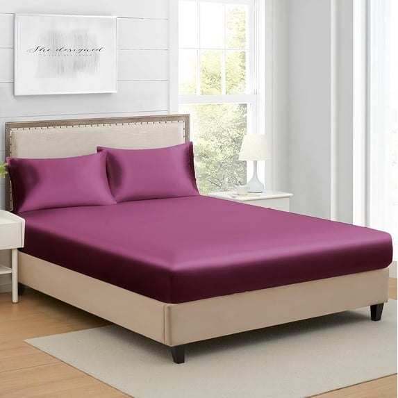 King Silk Satin Fitted Sheet, Soft Deep Pocket Single Bottom Bed Sheets ...