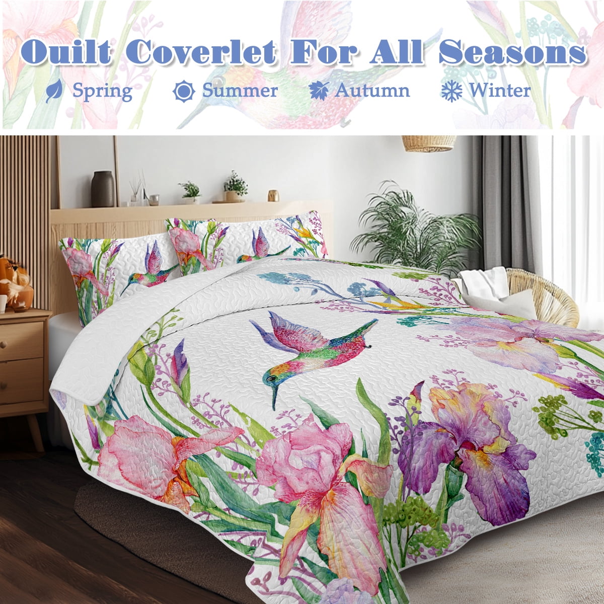 King Size 3pcs Colorful Bird Flower Quilt Set Christmas Gift – Soft ...