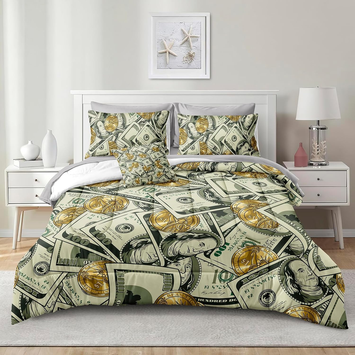 King Size 8 Pieces Money Comforter Set Bed in a Bag with Gold Coins ...