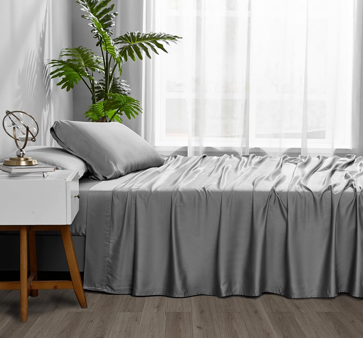 King Size Bamboo Viscose Bed Sheets Set, Grey, Silky Soft Cooling ...