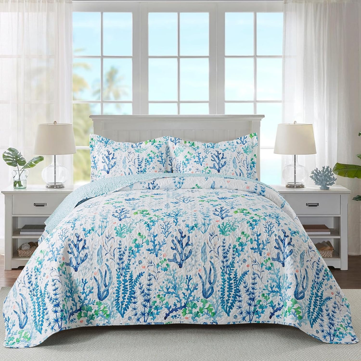 King Size Beach Quilt, Ultra Soft and Fade Resistant Coastal Quilt with ...