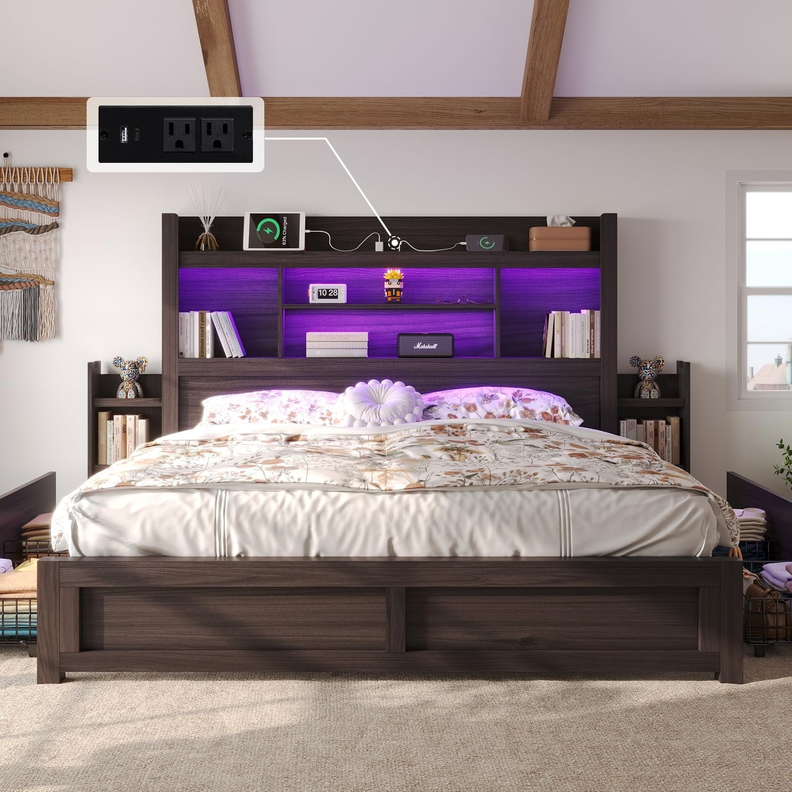 VanAcc King Size Bed with Bookcase Headboard, RGB LED Lighting ...