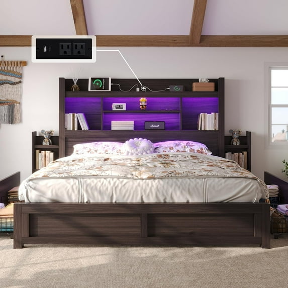VanAcc King Size Bed with Bookcase Headboard, RGB LED Lighting ...