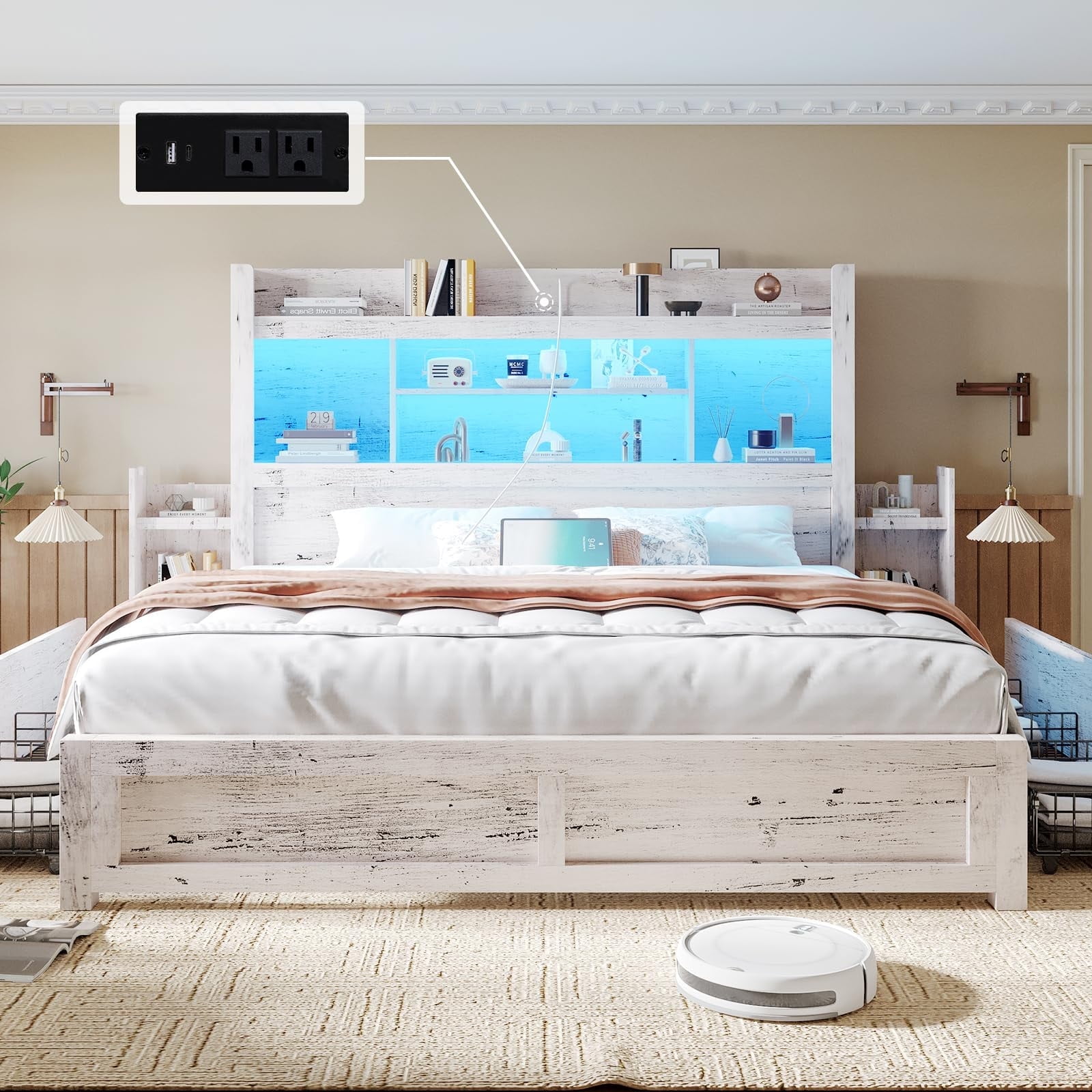 VanAcc King Size Bed, 49.6 inch Bookcase Headboard, RGB LED Lights ...