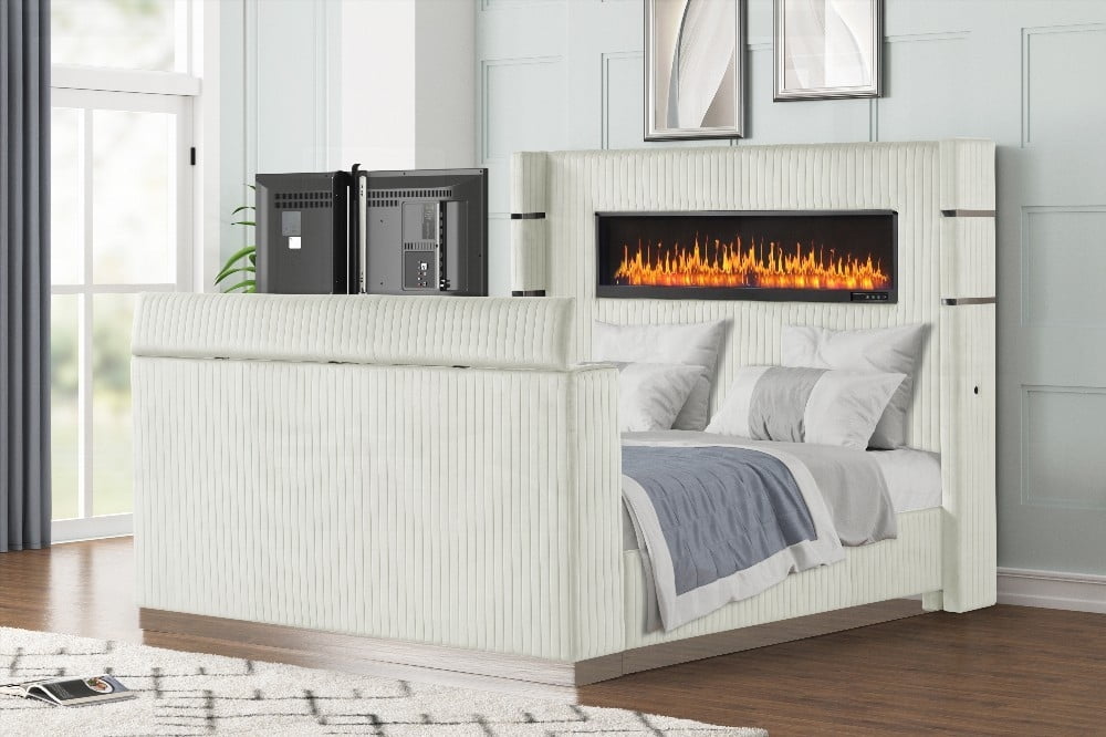 King Size Bed Boasting a Fireplace Headboard and a TV Stand Footboard ...