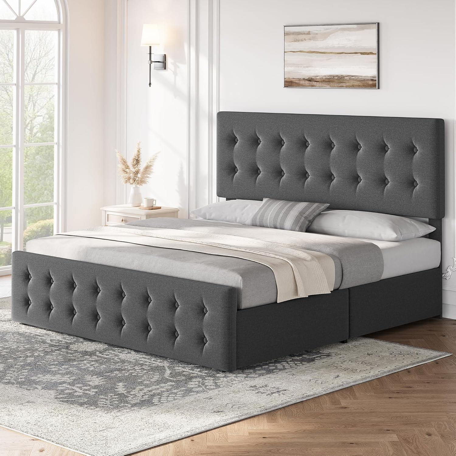 King Size Bed Frame with 4 Storage Drawers and Headboard Linen ...