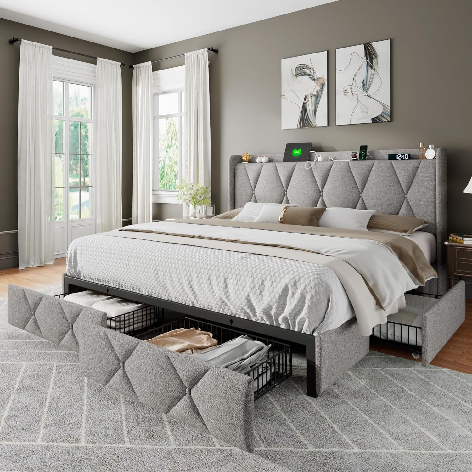 King Size Bed Frame with 4 Storage Drawers, Upholstered Platform Bed ...