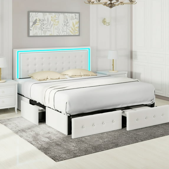 King Size Bed Frame With 4 Storage. Led Headboard Lights. Adjustable ...