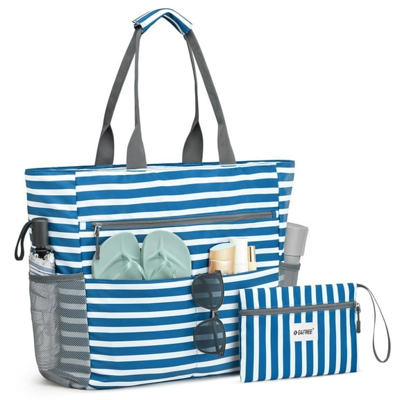 Blue and Brown Geometric Stripe Pattern Beach Bag for Women, Large ...
